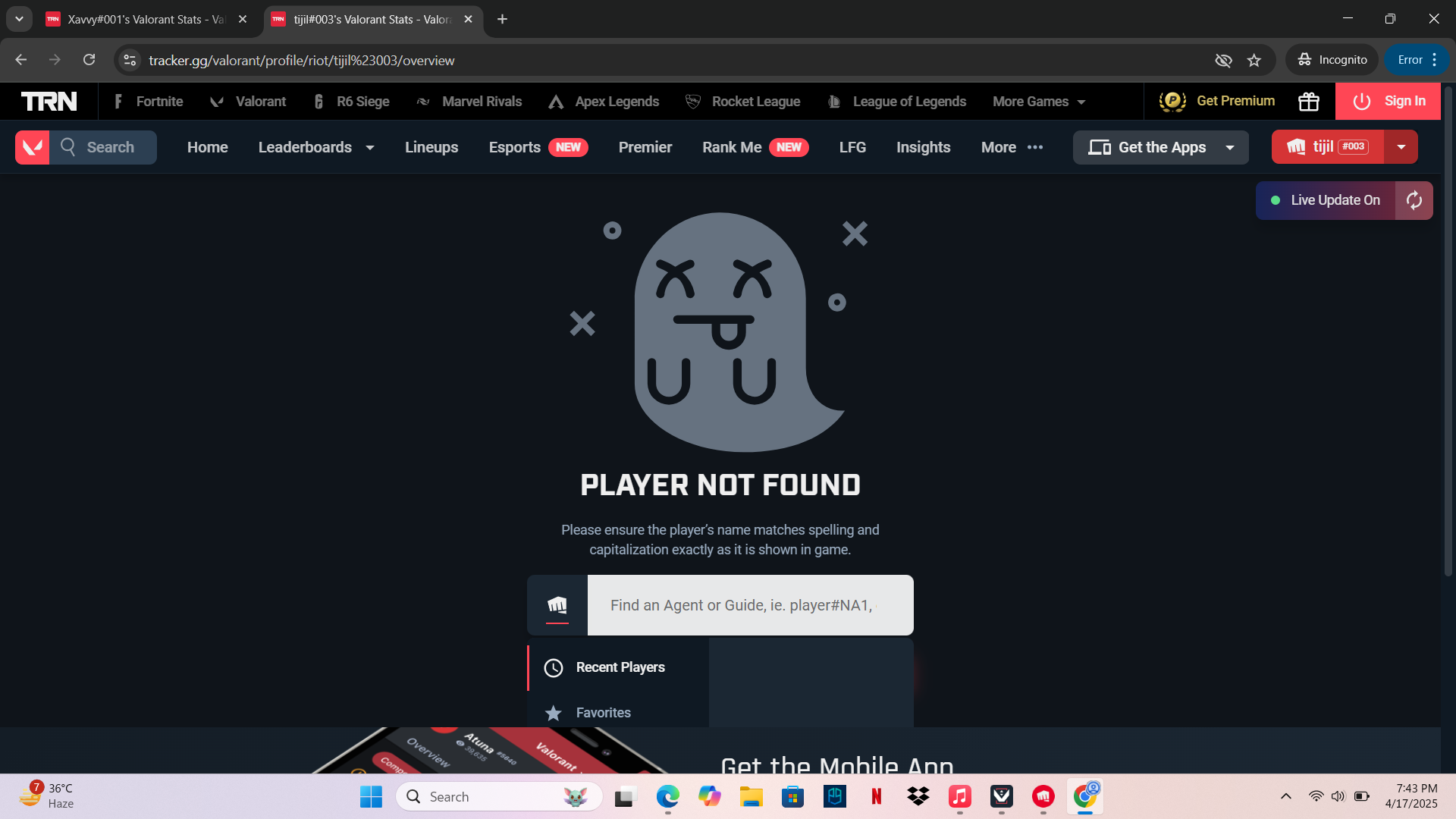 Match History Game Missing - Valorant - Tracker Network